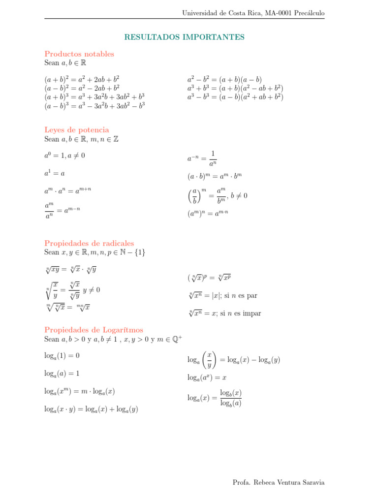 Resumen Precalculo, Formulas | PDF | Objetos matemáticos | Teoría de los números