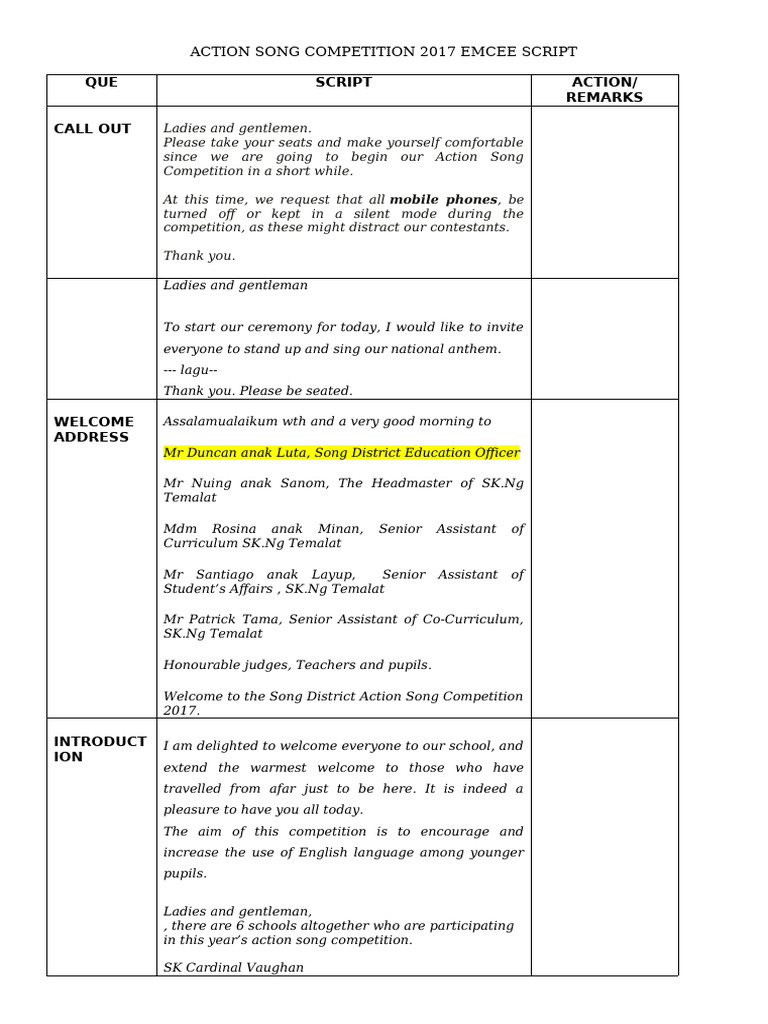 Action Song Competition District Level Emcee Text | PDF