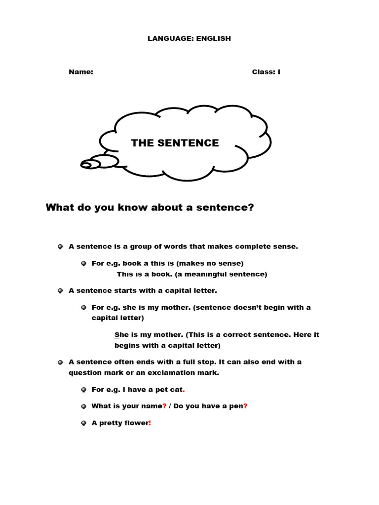 CBSE Class 1 English Practice Worksheets-The Sentence | PDF