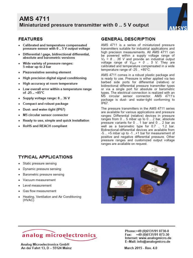 ams4711-AMSYS-datasheet | PDF | Pressure Measurement | Sensor
