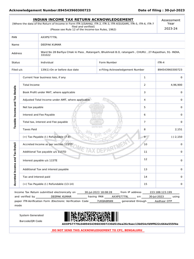 ITR Acknowledgement 2022-23 | PDF | Taxes | Income Tax