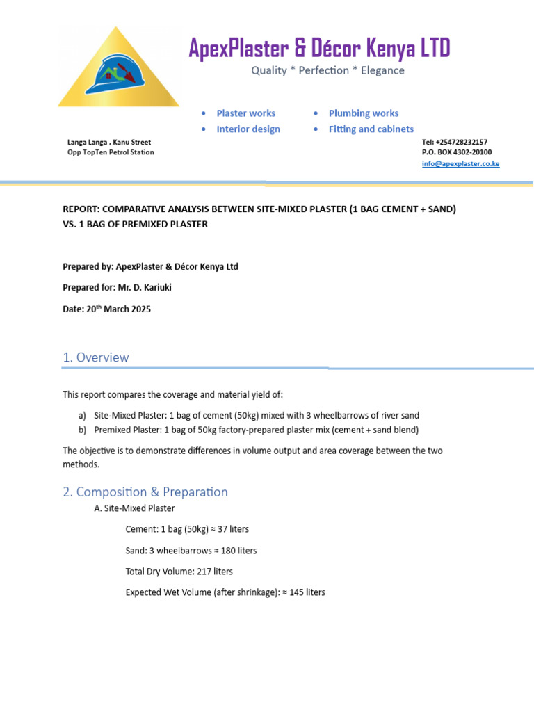 Report Comparative Analysis Between Sitemixed Plaster VS1 Bag of ...
