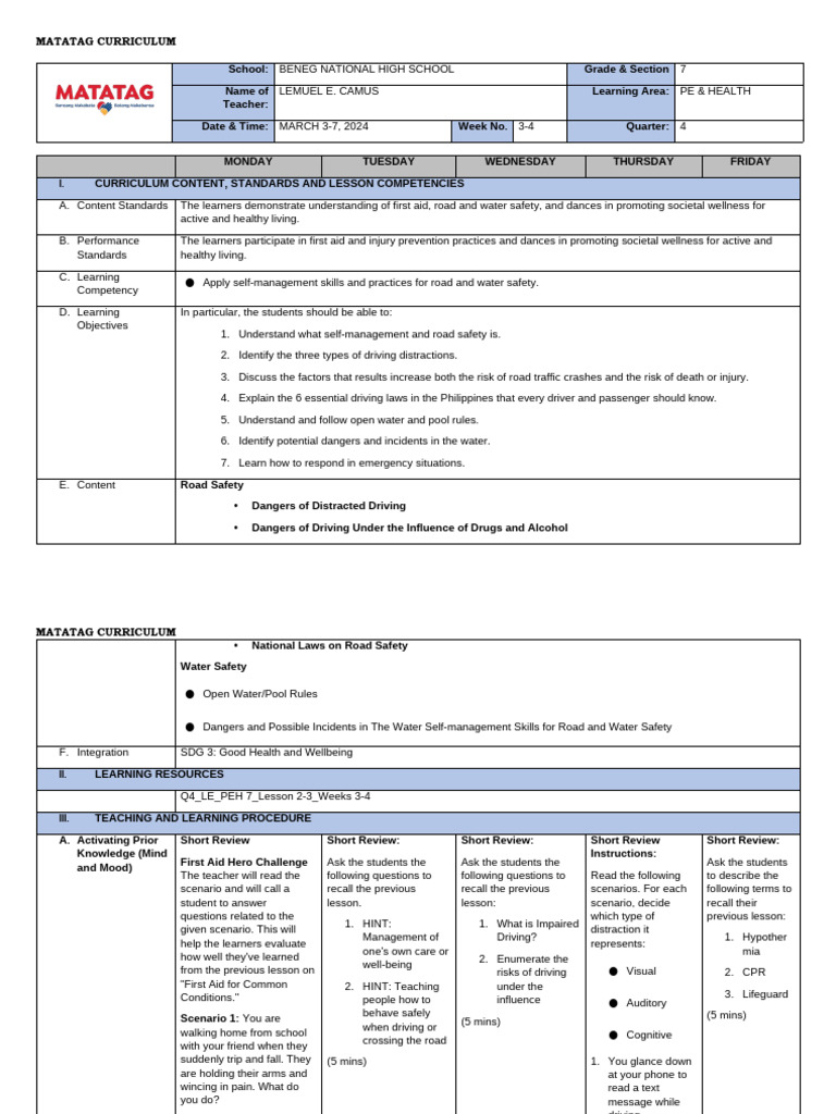 q4 DLL Pe Health 7 Week 3-4 | PDF | Learning | Curriculum