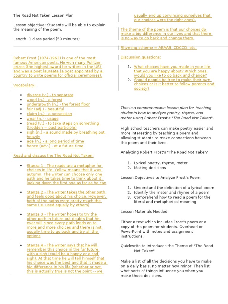 The Road Not Taken Lesson Plan | PDF | Metre (Poetry) | Poetry