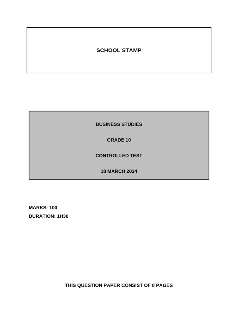Grade 10 Business Studies Test March 2024 | PDF | Quality Assurance ...