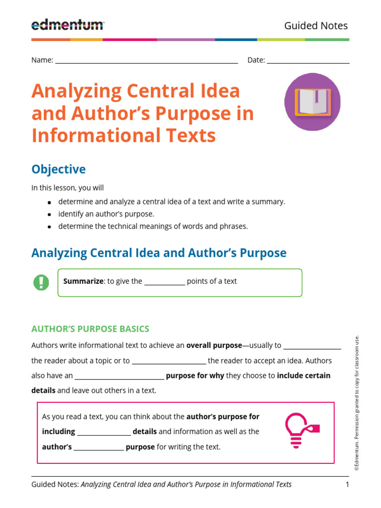 Analyzing Central Idea & Author's Purpose | PDF | Information | Human ...