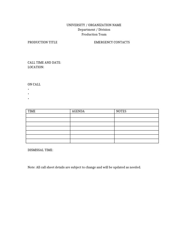 Blank Call Sheet Template | PDF