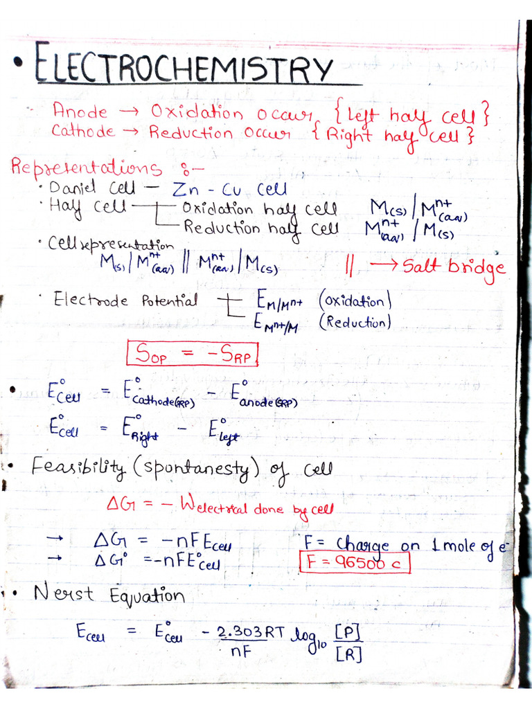 Cheat Sheet ........ Electrochemistry (Chemistry Class 12) | PDF
