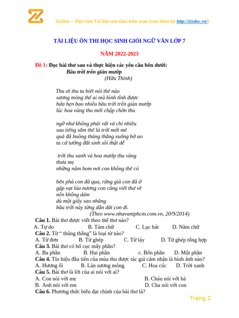 TL On Thi HSG Ngu Van 7 Nam 2022 2023 | PDF