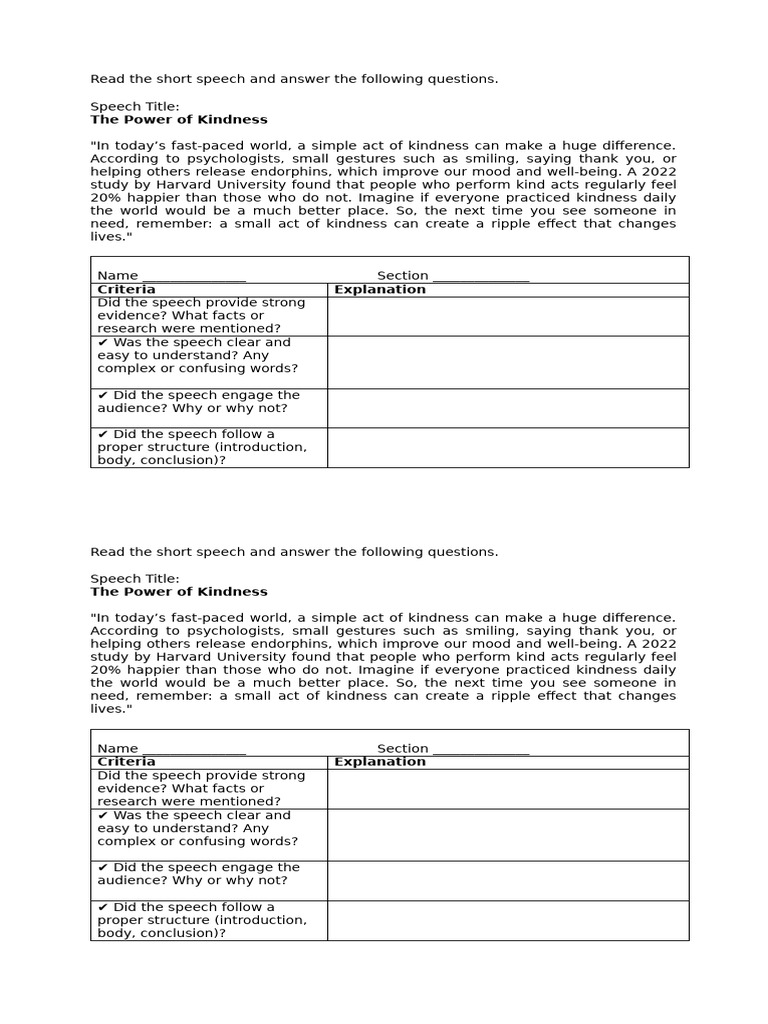 Read The Short Speech and Answer The Following Questions | PDF
