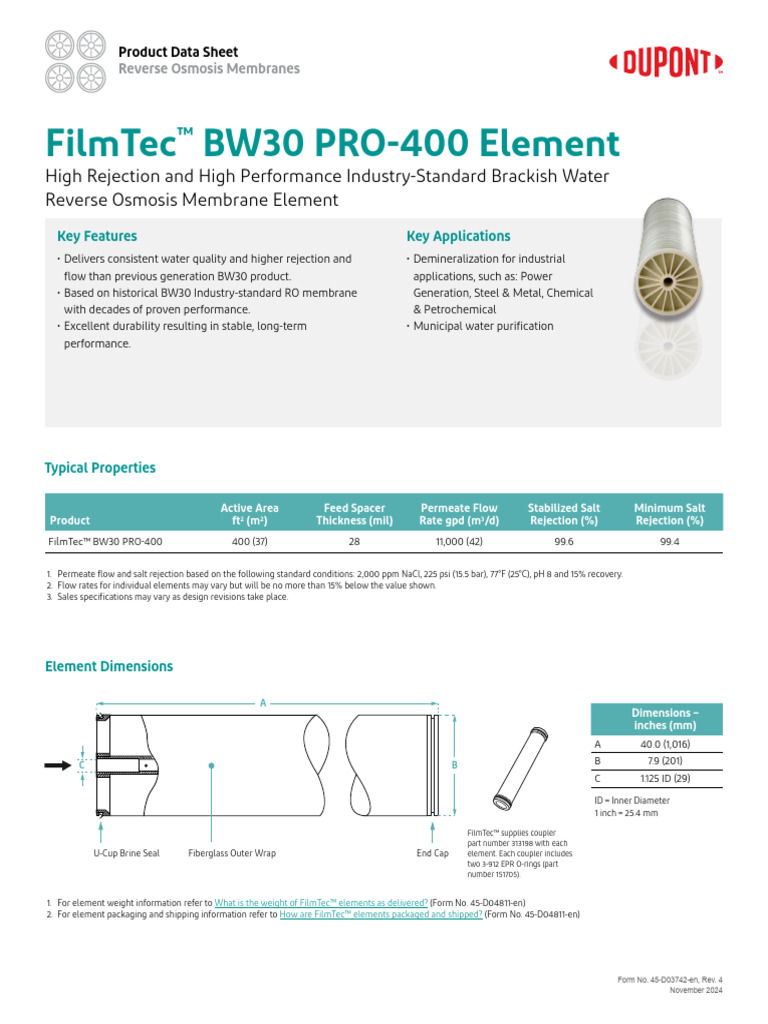 FilmTec BW30 PRO 400 PDS 45 D03742 en | PDF | Membrane | Materials