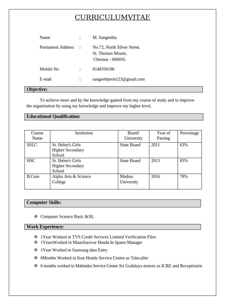 Curriculumvitae Sangeetha | PDF