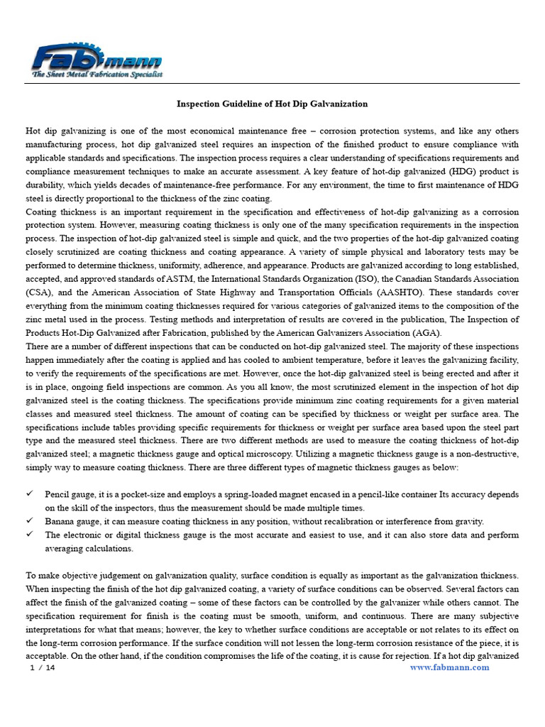Hot Dip Galvanization Inspection Guide | PDF | Corrosion | Galvanization