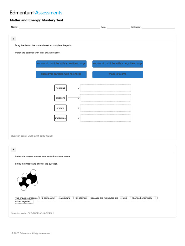 Edmentum - Matter and Energy - Mastery Test | PDF | Atoms | Molecules
