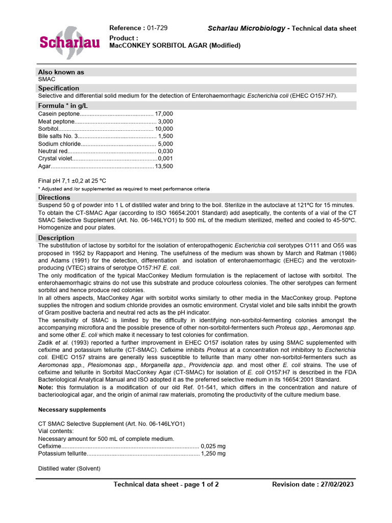 (E. Coli) MacCONKEY SORBITOL AGAR (Modified) 01-729 - TDS - EN | PDF ...