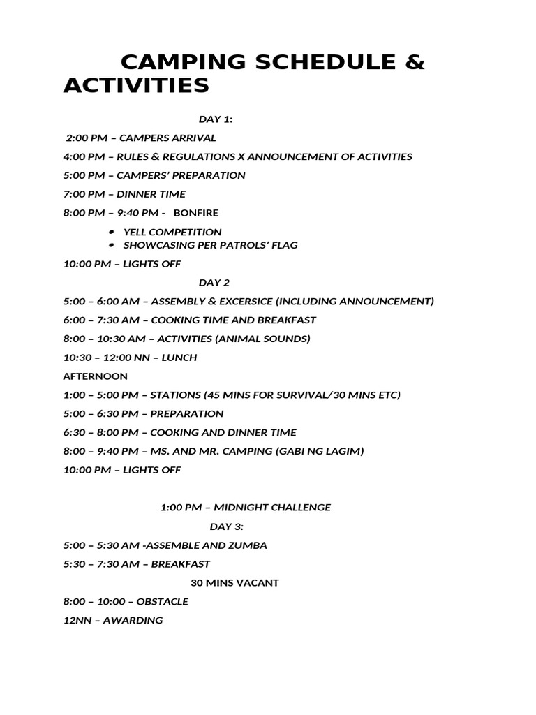 Camping Schedule | PDF