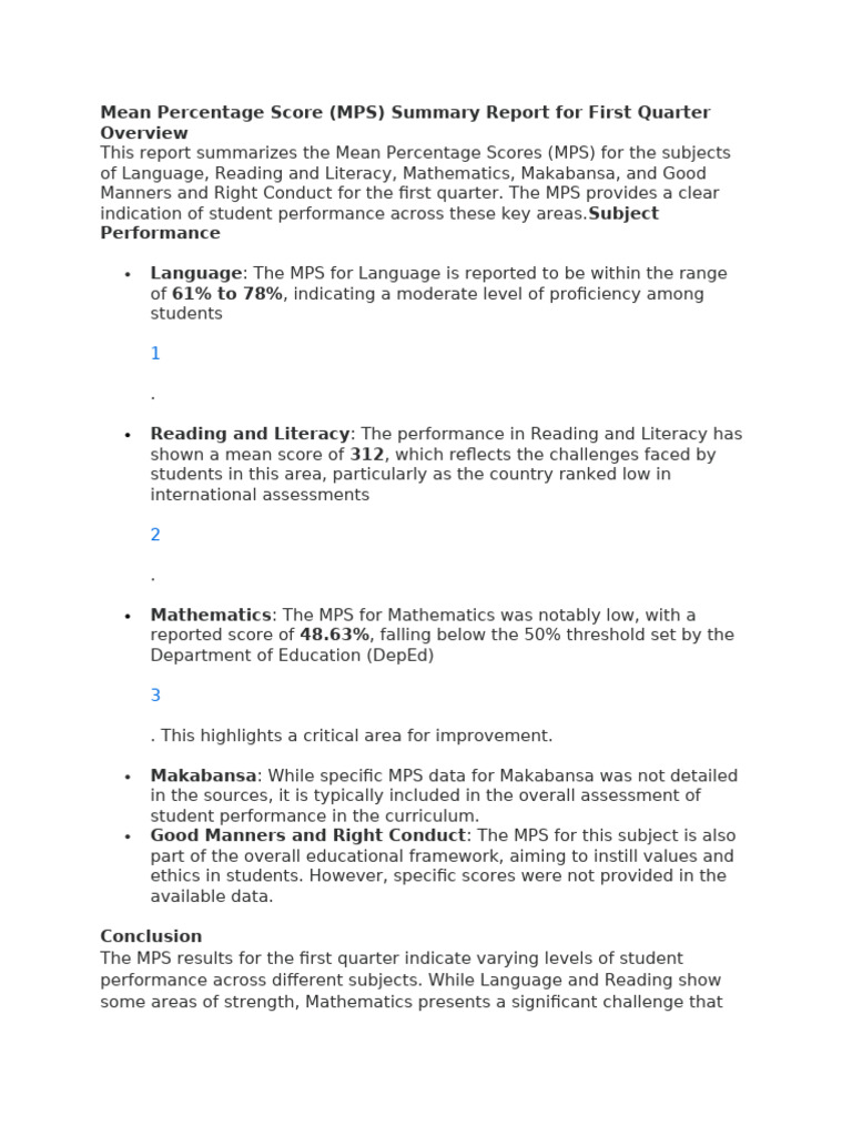 Mean Percentage Score (MPS) Summary Report | PDF