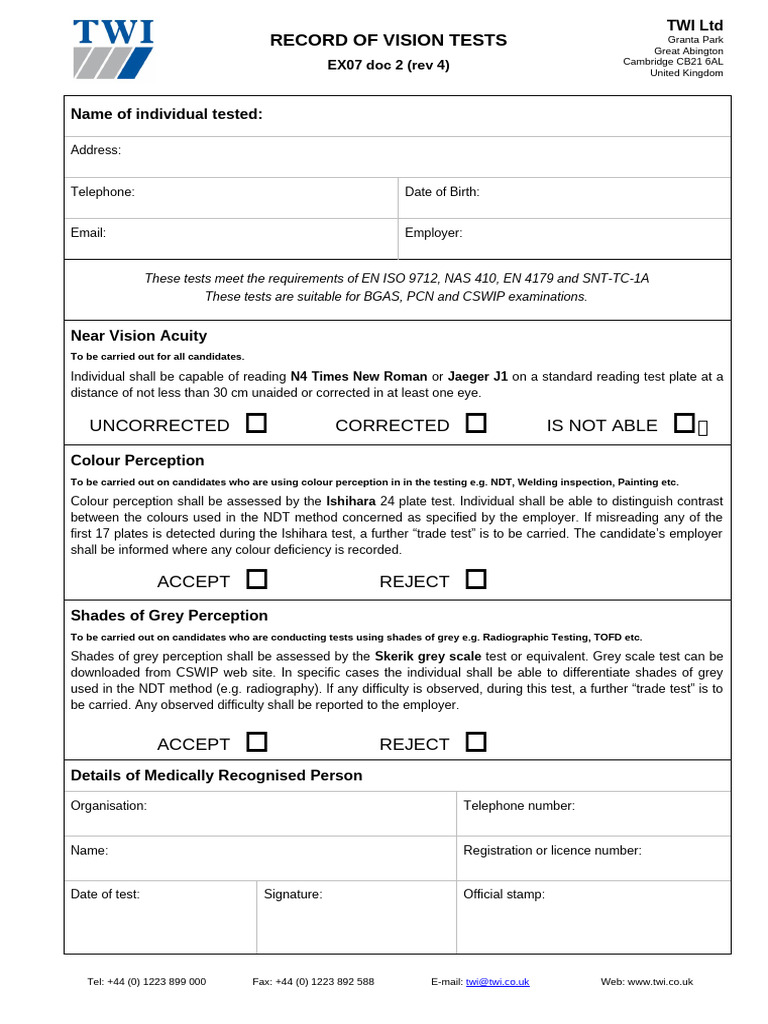 TWI Eye Test Record Form | PDF | Nondestructive Testing