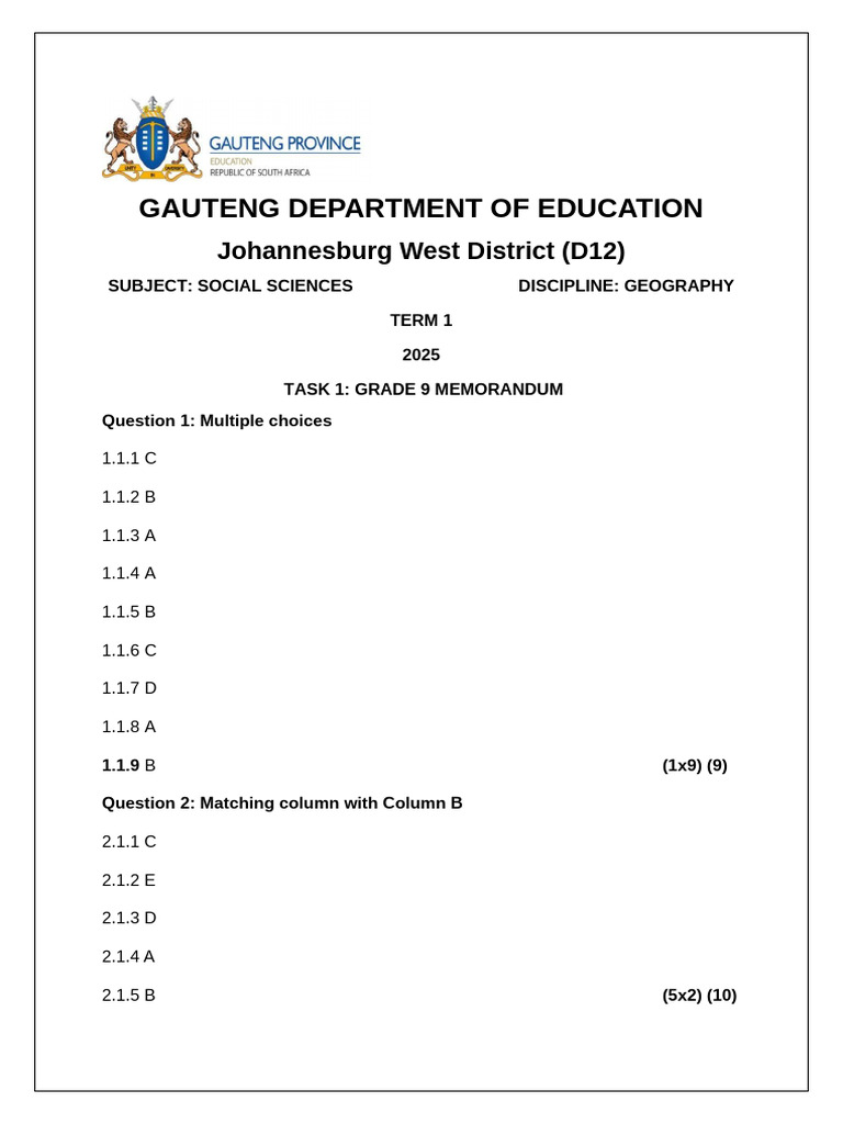 2025 Term 1 Geography Grade 9 PLC Memo | PDF