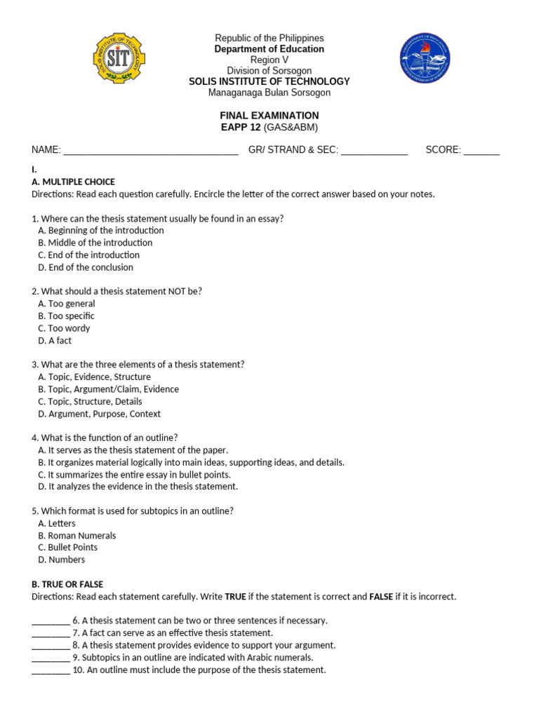 Eapp 12 Examination Sheet | PDF | Thesis | Evaluation