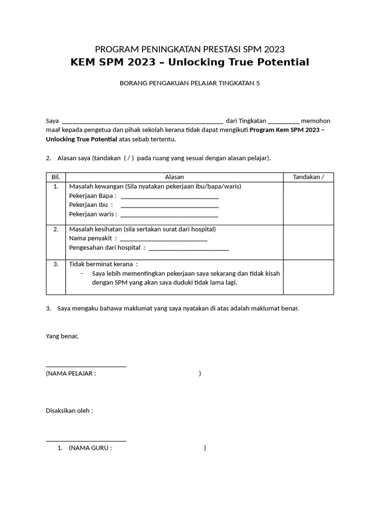Borang Tak Ikuti Kem Spm 2023 | PDF