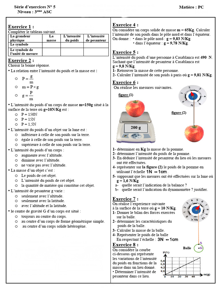 Poids et masse : exercices corrigés 3ème | PDF | Poids | Masse