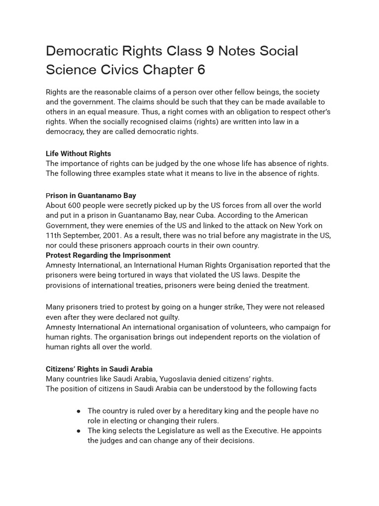 Democratic Rights Class 9 Notes Social Science Civics Chapter 6 | PDF ...