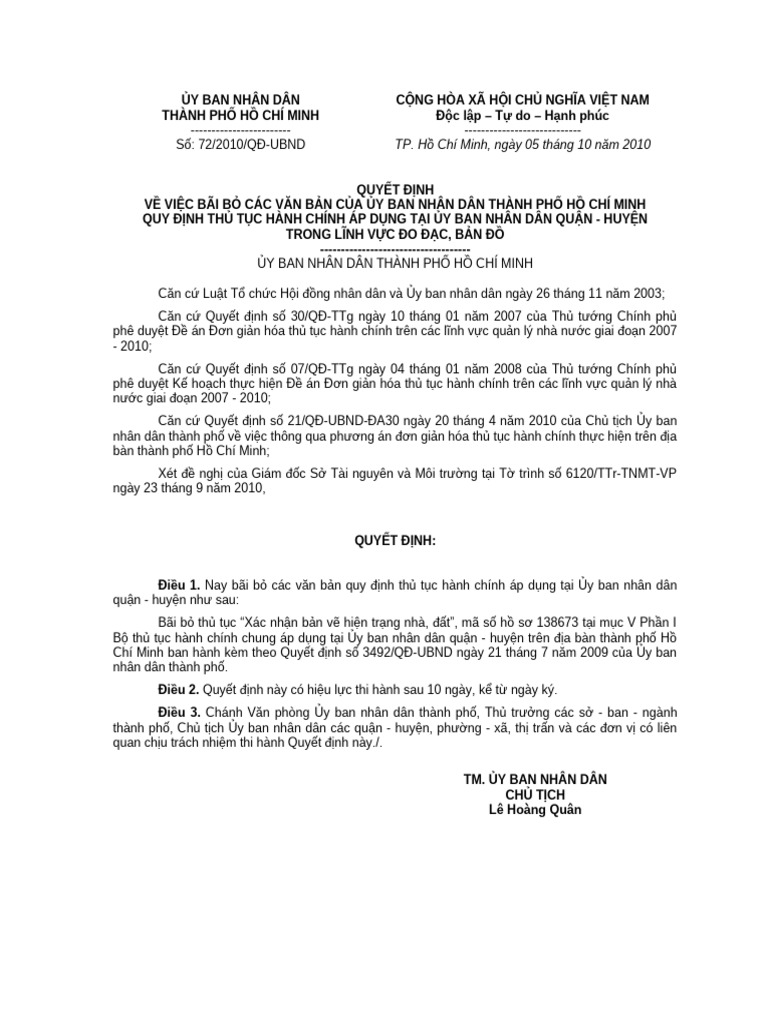 QD 72-05-10-2010 - QD Bai Bo Viec Xac Nhan Ban Ve Do Dac Hien Trang Nha Dat | PDF