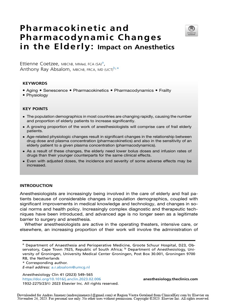 Pharmacokinetic and Pharmacodynamic Changes in The Elderly | PDF | Anesthesia | Clinical Medicine