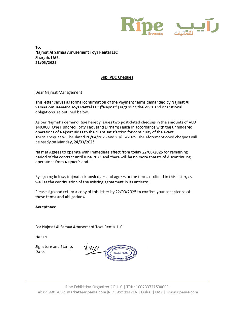 PDC Cheque Agreement with Najmat | PDF