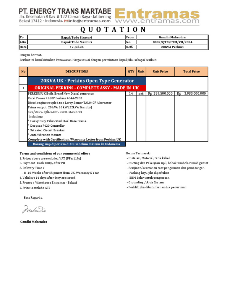 Qutation Original Perkins UK Genset | PDF
