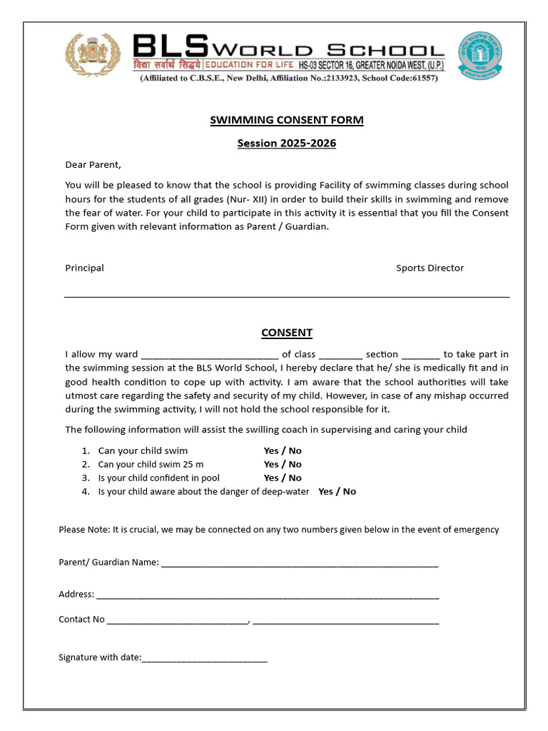 Swimming Consent Form 2025 | PDF | Consent | Legal Liability