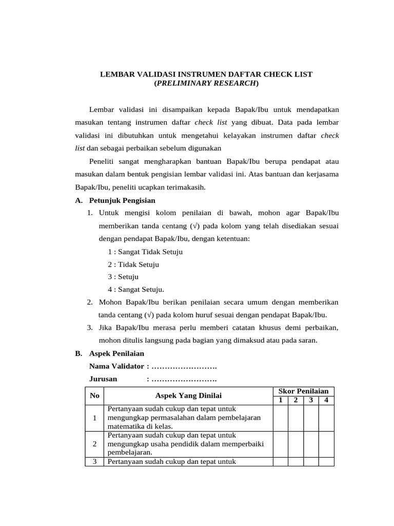 Lembar Validasi Instrumen Daftar Check List (Preliminary Research) | PDF
