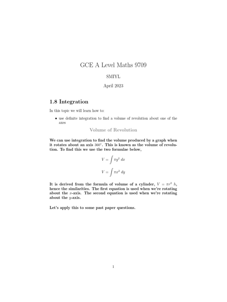 Volume of Revolution in A Level Maths | PDF | Cartesian Coordinate ...