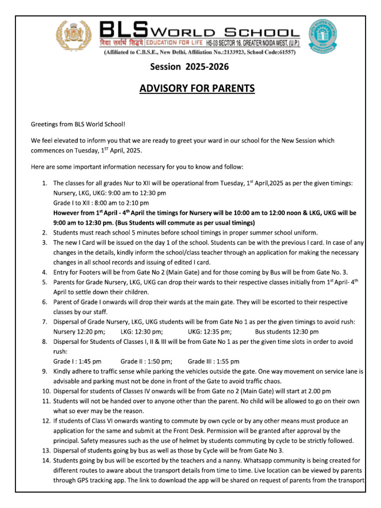 Advisory For Parents (Session 2025-26) | PDF