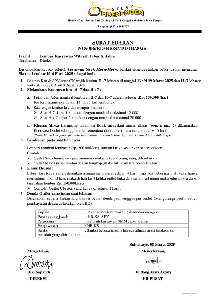 SURAT EDARAN LEMBUR LEBARAN-JABAR&JATIM - 2 - Ditandatangani | PDF