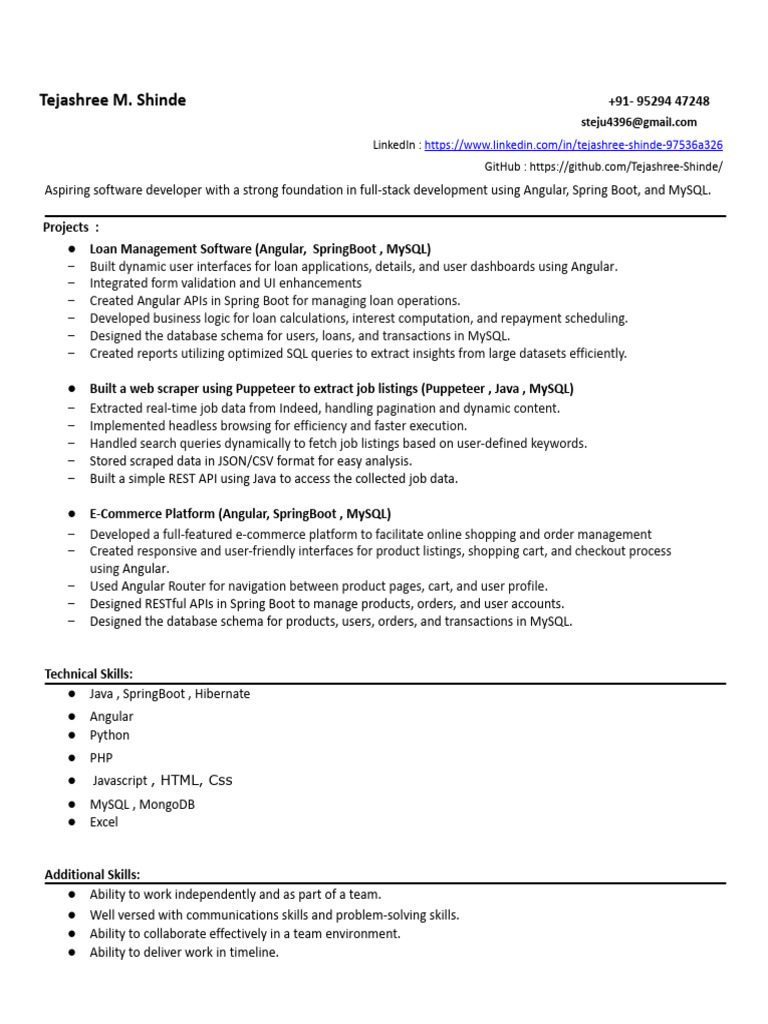 Tejashree Shinde Resume | PDF | My Sql | Databases
