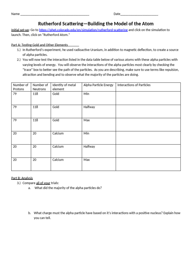 Rutherford Scattering Gold Foil HW Phet | PDF | Atoms | Atomic Nucleus
