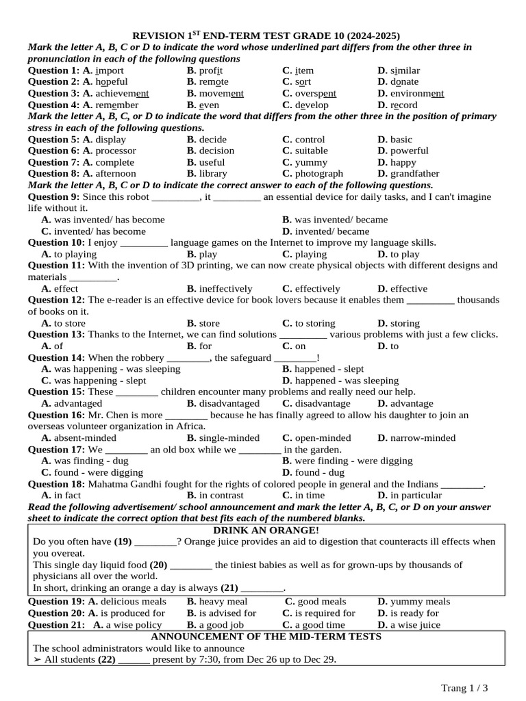 E10 - ĐỀ CƯƠNG CK1 (24-25) - HS | PDF
