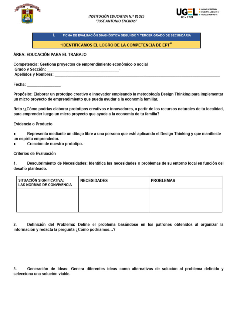 Ficha de Eval - Diag-Ept-2°-3°-Sec | PDF | Iniciativa empresarial | El pensamiento de diseño