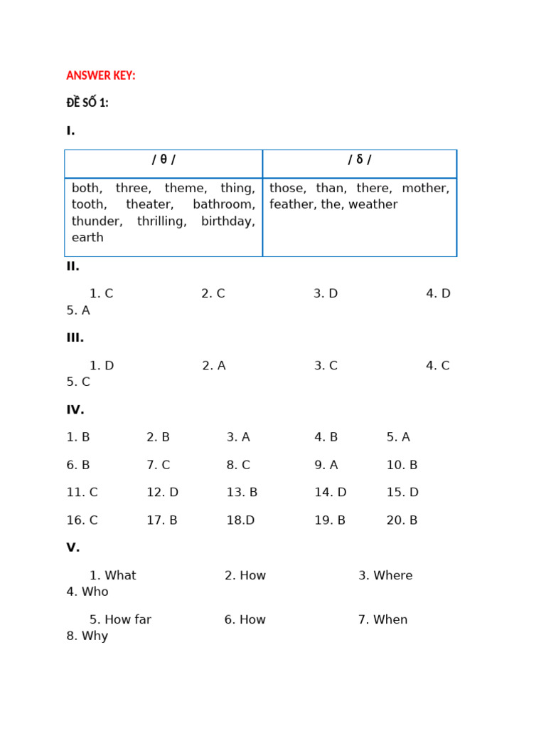 ANSWER KEY ĐỀ U7 | PDF