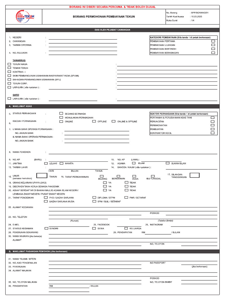 BPP Borang 01 Borang Permohonan Pembiayaan Tekun | PDF