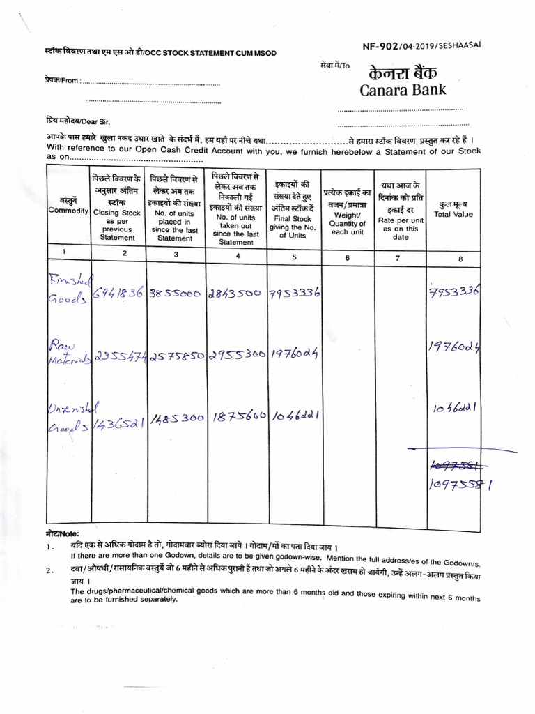 Canara Bank Stock Statement NF-902 Form | PDF