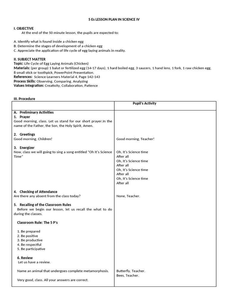 5 Es LESSON PLAN IN SCIENCE IV | PDF | Egg | Chicken