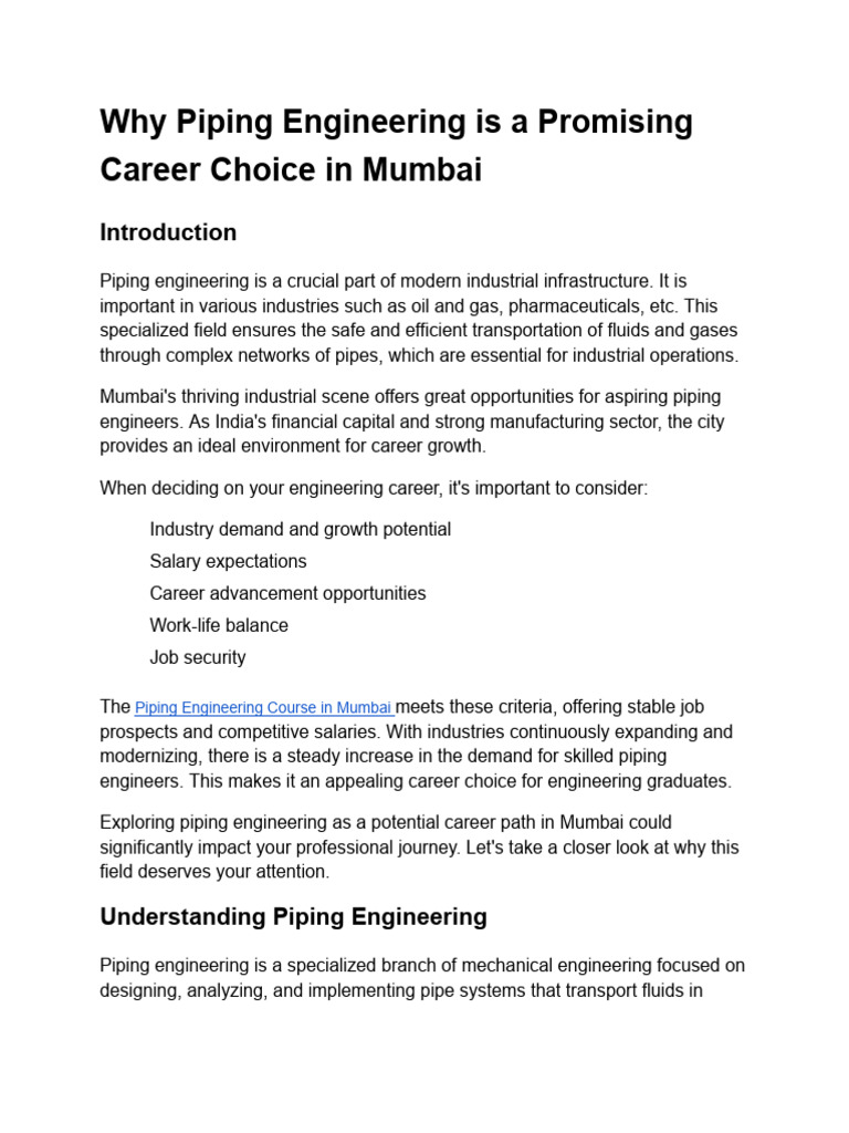 Piping Engineering Careers in Mumbai | PDF | Engineering | Infrastructure