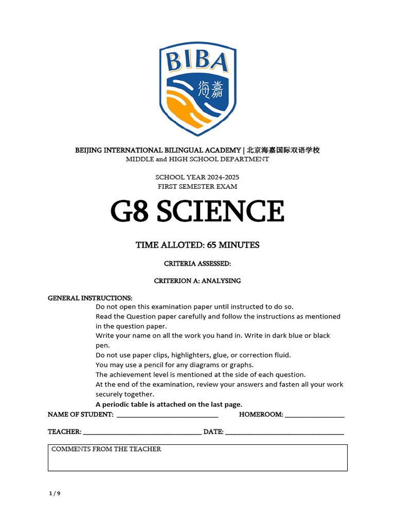 G8 2024-25 Exam Semester 2 Science Criterion A Final | PDF | Force | Waves