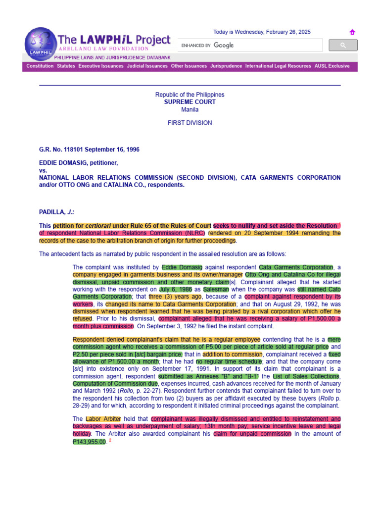 Labor Case: Domasig vs. NLRC 1996 | PDF | Arbitral Tribunal | Evidence