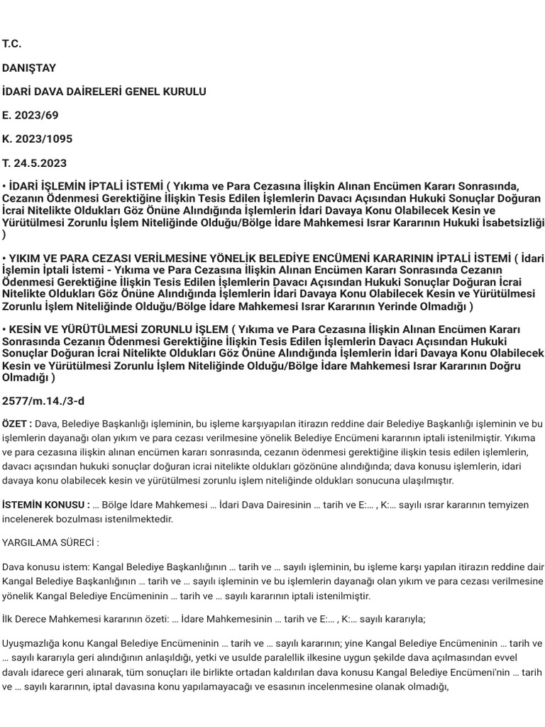 Daniå Tay Ä°darä° Dava Daä°relerä° Genel Kurulu E. 2023 - 69 K. 2023 - 1095 T. 24.5.2023 | PDF