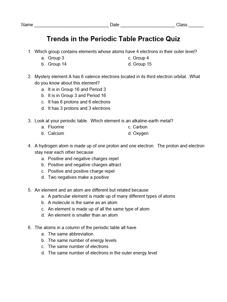 Trends in Periodic Table Practice Quiz | PDF | Chemical Elements ...