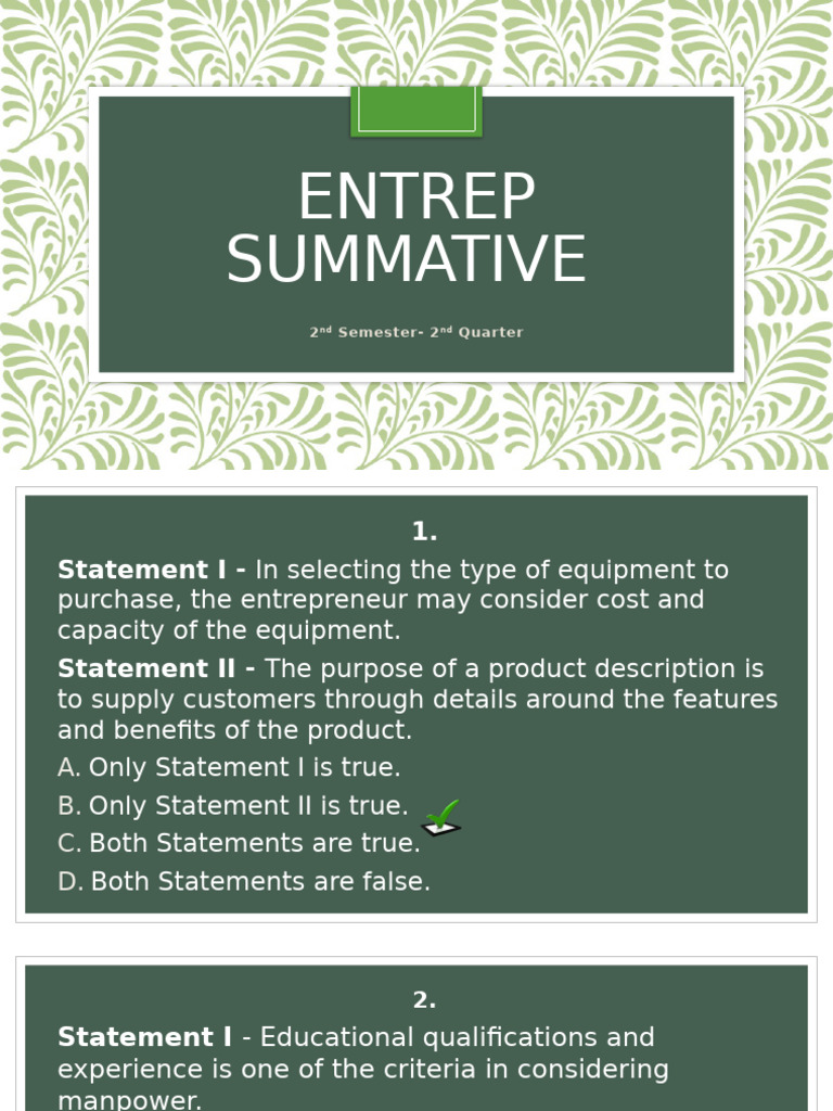 Entrep Assessment 2nd Semester 2nd Quarter ANSWER KEY | PDF | Cost Of Goods Sold | Supply Chain